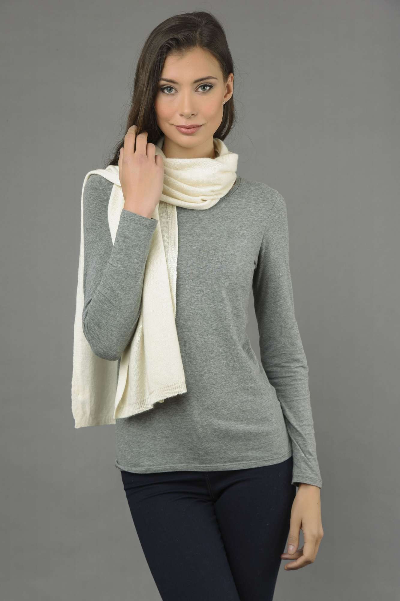 Sciarpa puro cashmere maglia liscia colore Bianco panna ...